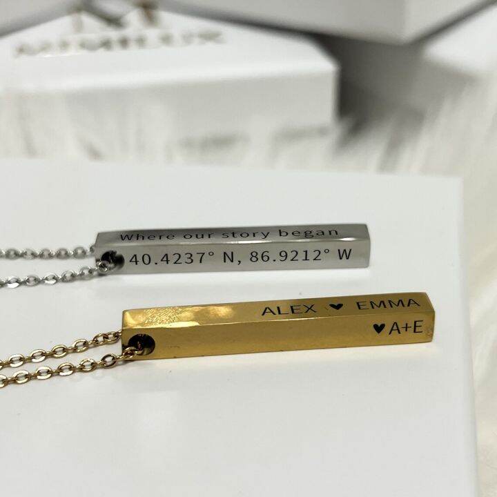 Personalized Engraved Bar Necklace Customized 3D Bar Necklace 4 Sides ...