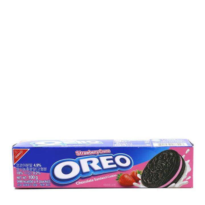 ขนมคุกกี้สอดไส้ครีมสตอเบอร์รี่ oreo strawberry cream 100g 오레오 딸기크림 ขนม ...