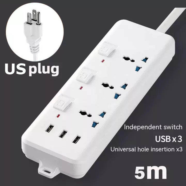3Way/5Way 3/5switch 3USB US plug Power socket adaptor Extension cord ...