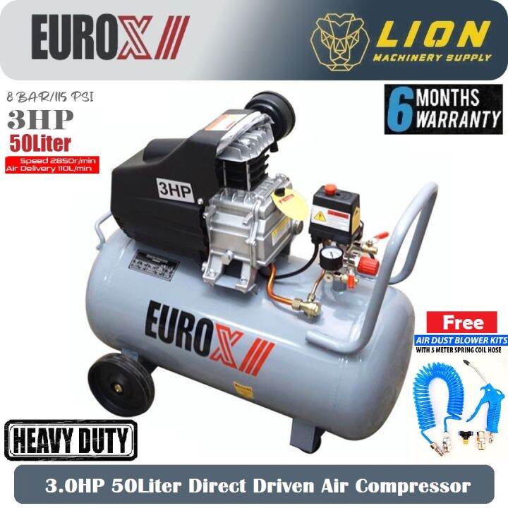 EUROX EAX-3050 3.0HP 50Liter Direct Driven Air Compressor - Free Air duster, Coupler & Spring ...