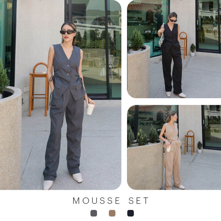 Mousse Set - ชุดเซทเบลเซอร์แขนกุด ผูกเอวด้านข้าง เนื้อผ้าโพลีเอสเตอร์ ...