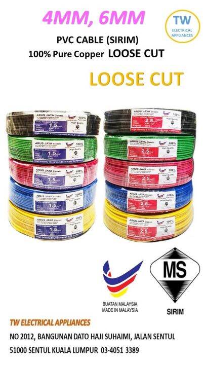 ( LOOSE CUT ) 4MM / 6MM PER METER SIRIM APPROVAL PVC CABLE WIRE 100% ...
