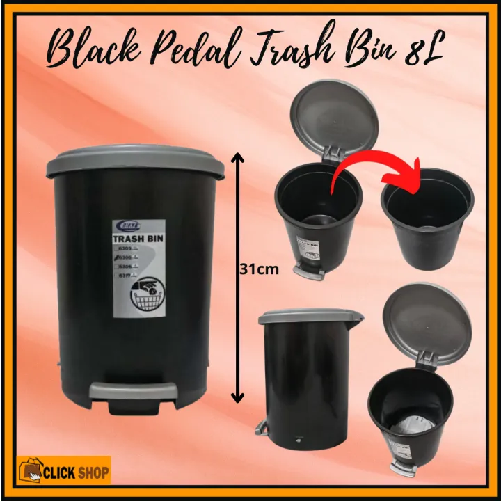 NIKKO 6305 31CM BLACK PEDAL TRASH BIN/ 8L NIKKO TRASH BIN/ BLACK TRASH ...