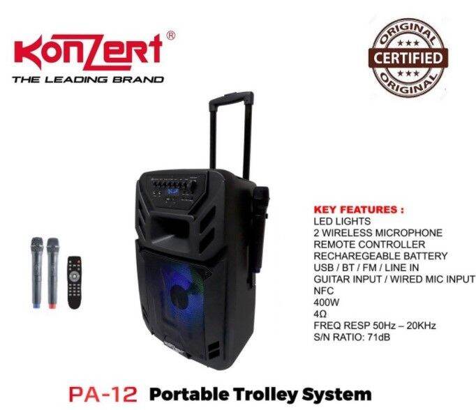 Konzert PA-12 12" 400W Powered Portable Trolley Speaker With 2 Wireless ...