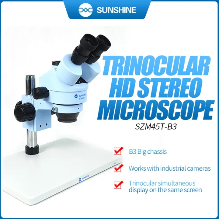 SUNSHINE Trinocular Stereo Microscope With Big Base Table Pillar Stand 7X-45X Zoom For LAB Phone ...