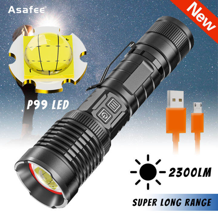 Asafee 2300LM 909A ไฟฉาย XHP99 LED Retractable ไฟฉายแบบซูมสวิทช์ไฟ + ฟั ...