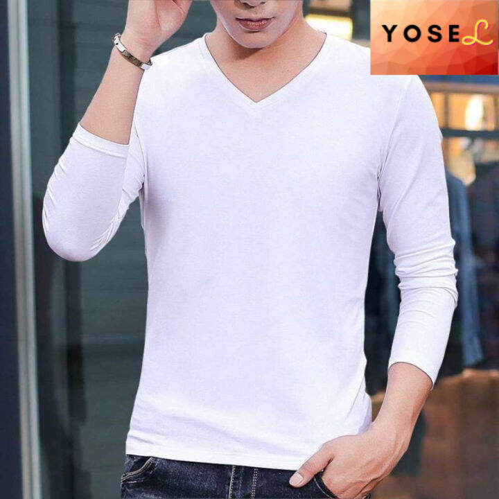 YOSEL ผู้ชายแขนยาวท็อปส์เกรดแฟชั่นใหม่แบรนด์คอวีสีทึบธรรมดานุ่มเสื้อยืด ...