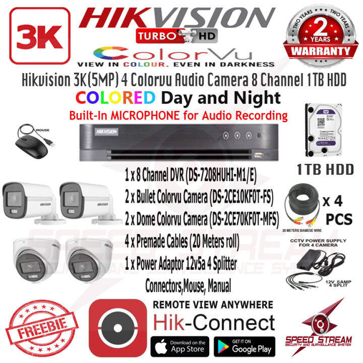 HIKVISION 3K (5MP) COLORVU Audio 4 Camera 8 Channel 1TB HDD Turbo HD ...