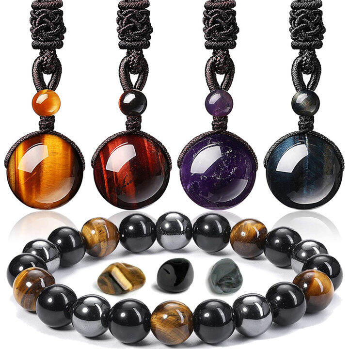 Natural Stone Tiger Eye Pendant Necklaces for Men Obsidian Bracelets ...