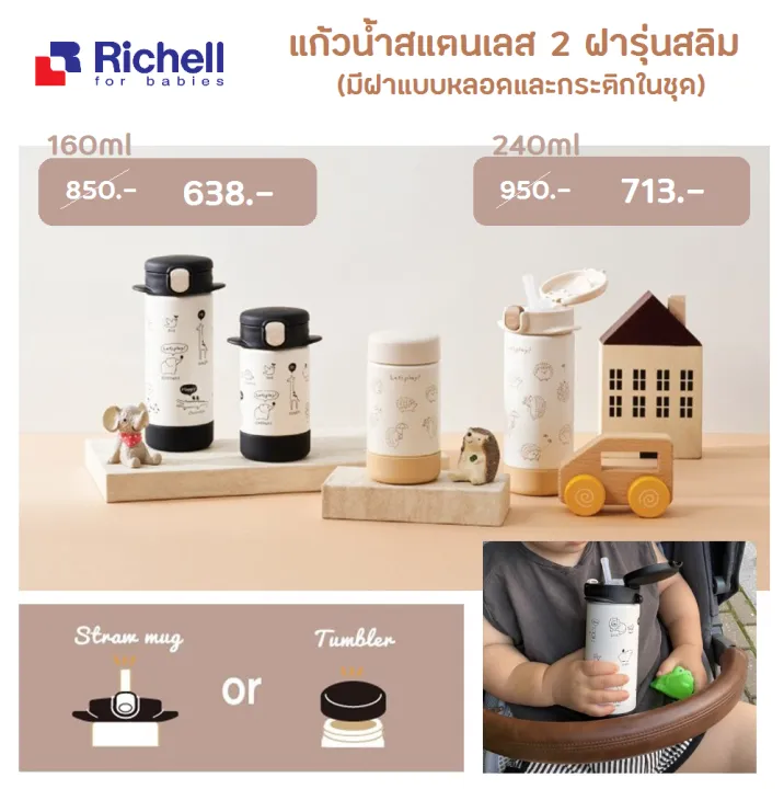 Richell แก้วน้ำสแตนเลส 2 ฝารุ่นสลิม (มีฝาแบบหลอดและกระติกในชุด) | Lazada.co.th
