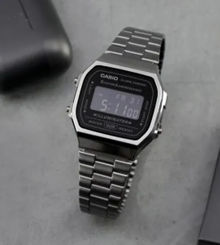 นาฬิกา Casio รุ่น A168WGG-1B นาฬิกาสไตล์วินเทจ รุ่นใหม่ล่าสุด จาก Casio สายแสตน หน้าปัดดำ ...