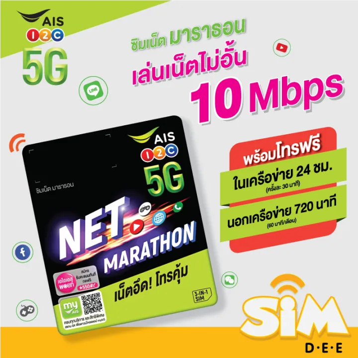 (โปรแรง!!) AIS ซิมเน็ตมาราธอน Sim Net Marathon ฟรี! เน็ตไม่จำกัด ความเร็ว 15 Mbps ปริมาณ 100GB ...