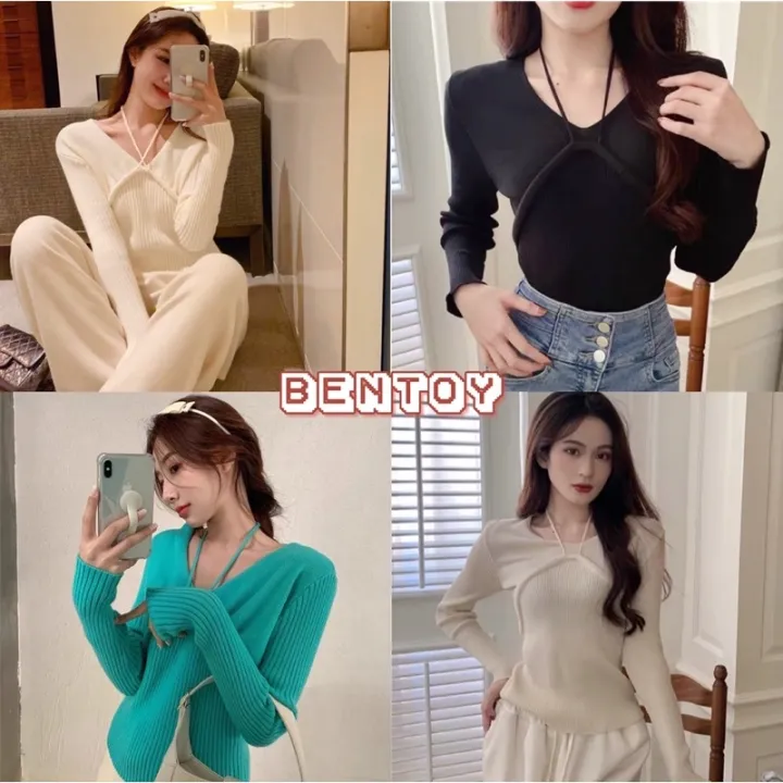 Bentoy(N322)เสื้อยืดผู้หญิง เสื้อแขนยาวไหมพรม ดีเทลสายคล้องคอ สายเกา | Lazada.co.th