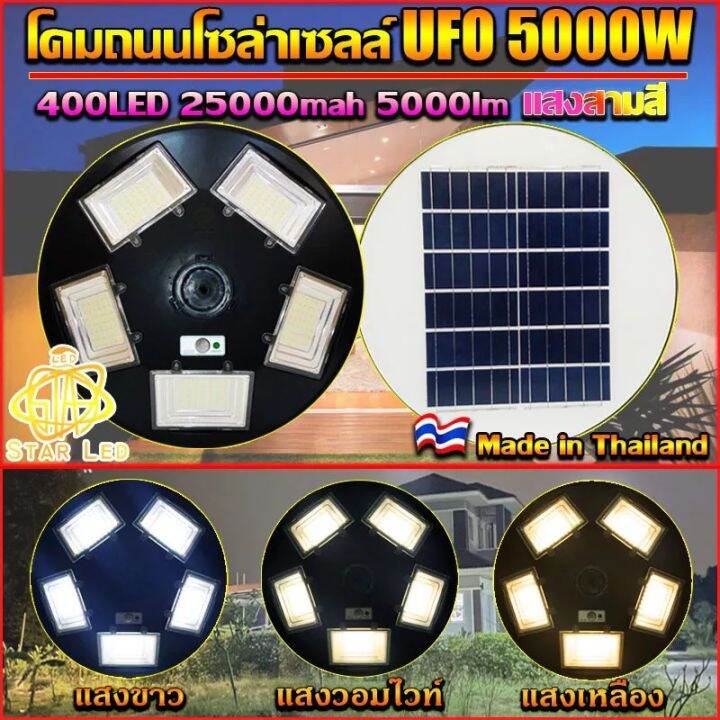 STAR LED ไฟโซล่าเซลล์ UFO 5000W 5 ทิศทาง 3 สี ในโคมเดียว แสงขาว/วอร์ม ...