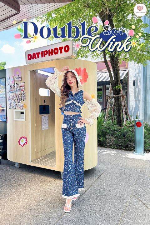 Double Wink set เซ็ตเสื้อ+กางเกงยีนส์ขายาว ยีนส์พิมพ์ลาย กางเกงยีนส์ ...