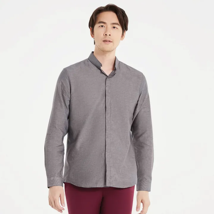 Morgan Homme เชิ้ตแขนยาว ปกพับ ไม่มีกระเป๋าเสื้อ ผ้า Dobby รุ่น RYAN ...