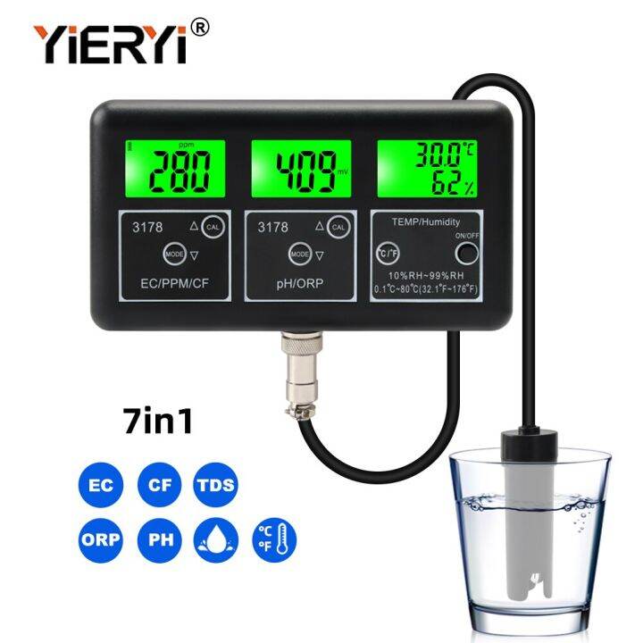Yieryi 7 in 1 Multi-function Water Quality Monitor Digital PH/ORP/TDS/EC/CF/Теmp/Humidity Meter ...