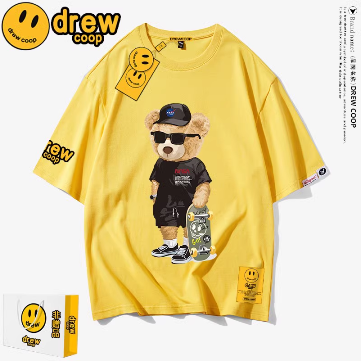 DREW BEAR, CREWNECK,ผ้าฝ้าย-พิมพ์,เสื้อยืด,แขนสั้นอินเทรนด์คู่รัก ...