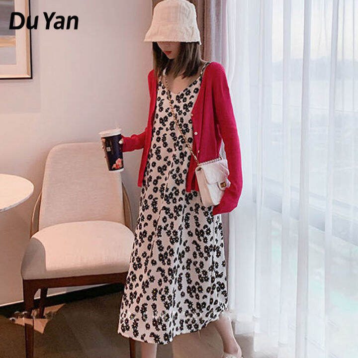 Du Yan ชุดสำหรับสตรี,Daisy ดอกไม้ชีฟองชุดสายเดี่ยวยาว | Lazada.co.th