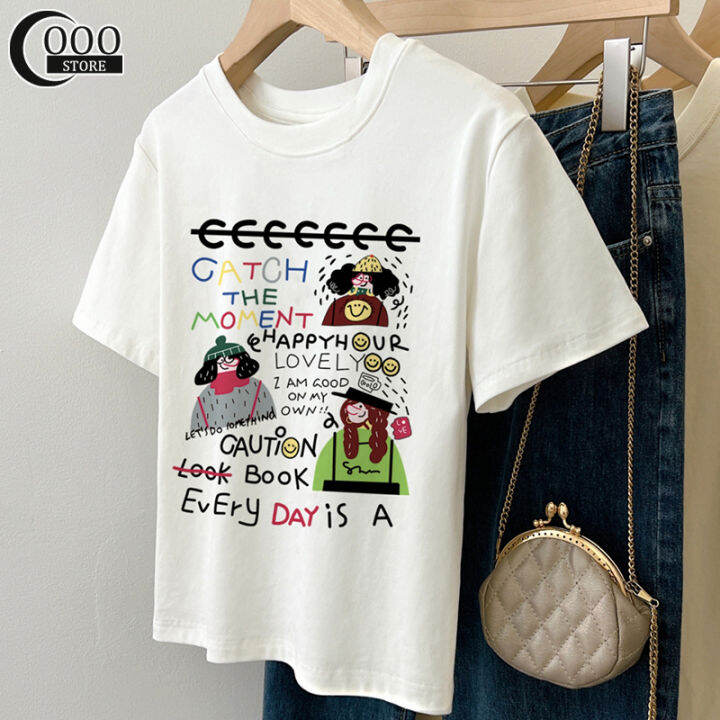 Oooo เสื้อยืดแขนสั้นผ้าฝ้ายสีขาวพิมพ์ลายสำหรับผู้หญิง | Lazada.co.th