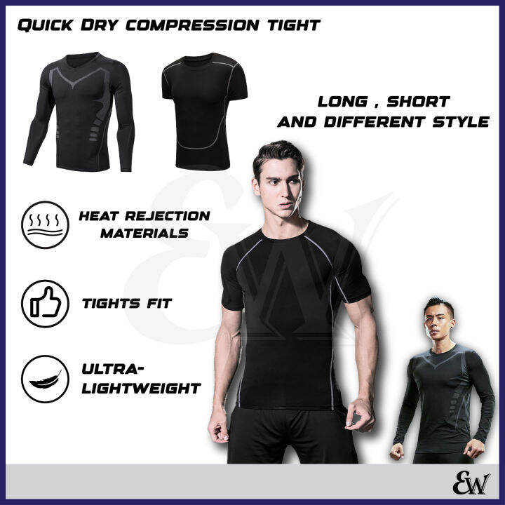 Men Compression Tight Gym Shirt Cool Dry Long Short Sleeve Fitness Baju Ketat Lengan Panjang ...