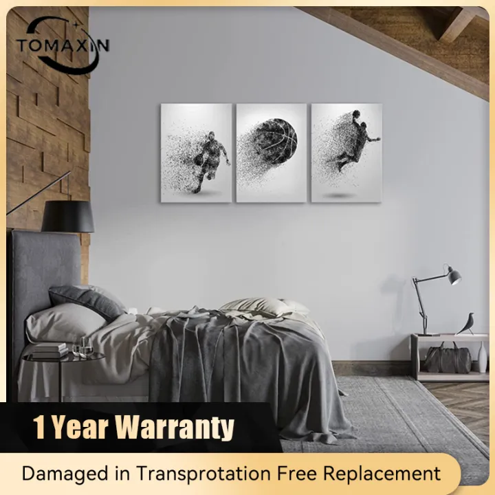 Tomax Basketball Canvas Wall Art - Black And White Sports Poster - Particle Silhouette - Set Of ...