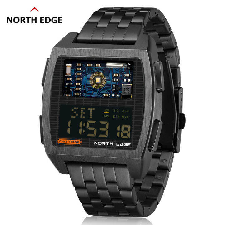 NORTH EDGE New Square Stainless Steel Men's Watch Waterproof Alarm ...