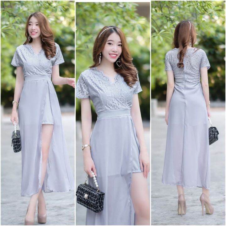 Aya-shop เสื้อผ้าแฟชั่น เดรสออกงาน สีเทา พร้อมส่ง | Lazada.co.th