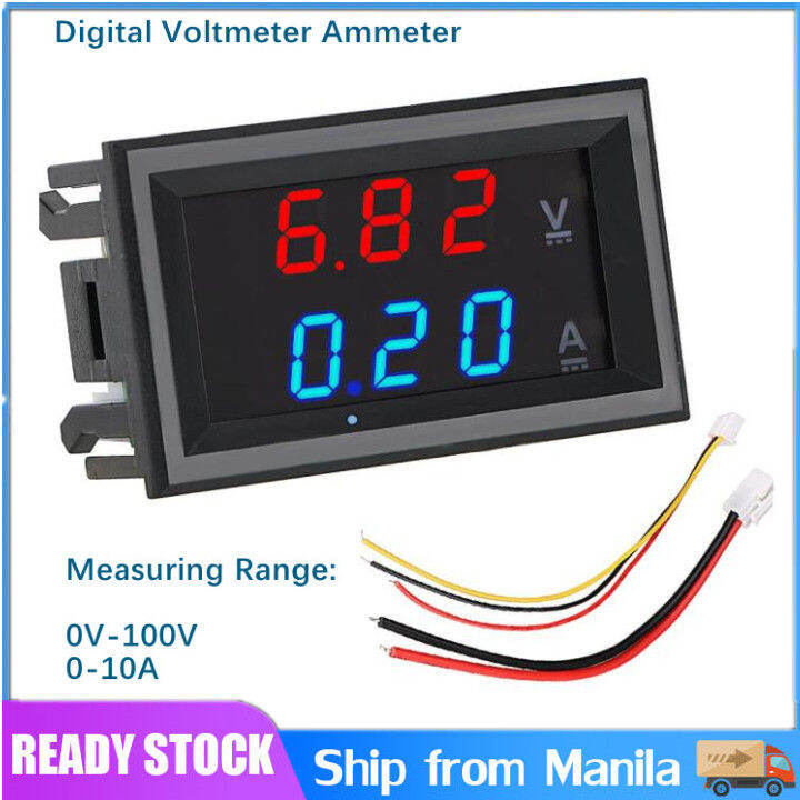 Voltmeter Current Meter Volt Ampere Meter with Cable Blue Red Dual DC 100V 10A Amperemeter ...