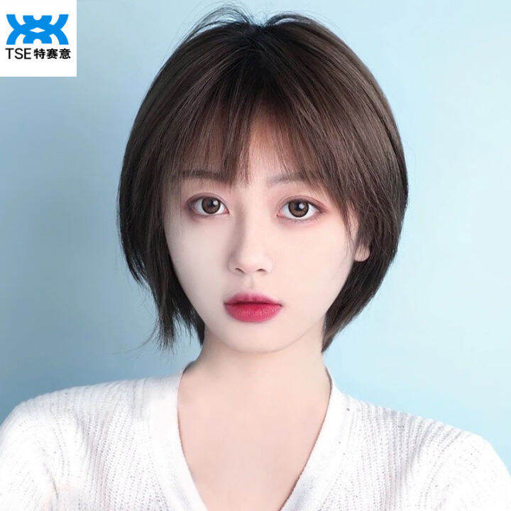 TSE Wig female short hair real hair net red Bobo head air bangs medium long hair set round face ...