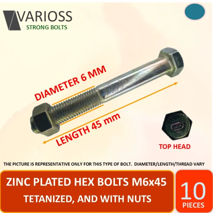 Hex Bolts M6x45 - 10 pcs, 6 mm diameter x 45 mm length Zinc Coated with ...