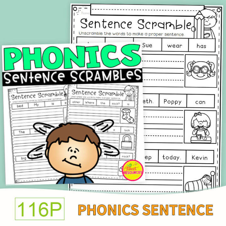 Phonics sentence scramblesสำหรับโรงเรียนอนุบาลและชั้นแรกhomeworkก่อนวัย ...