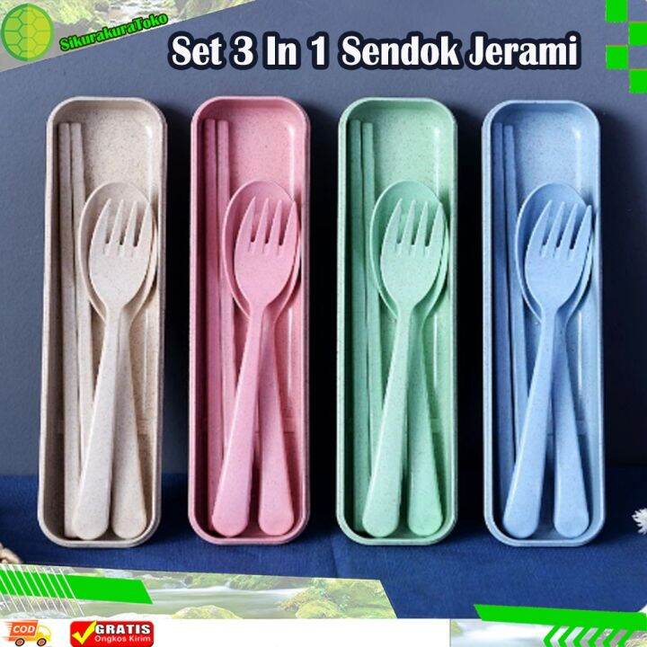 Sendok Garpu Sumpit Jerami Travelling Set 3 in 1 3in1 | Lazada Indonesia