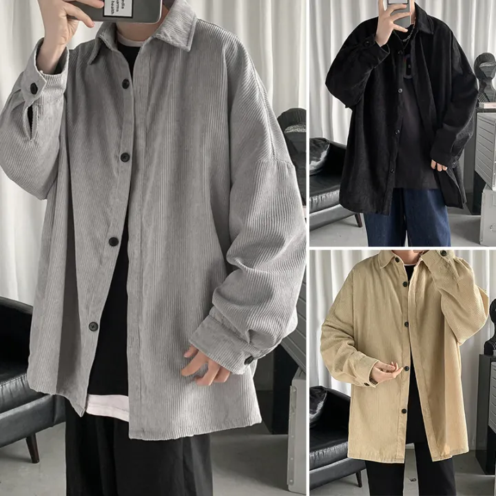 Beehoo Mensclo Mens Corduroy Lapel Basics Dropped Shoulder Shirts ...