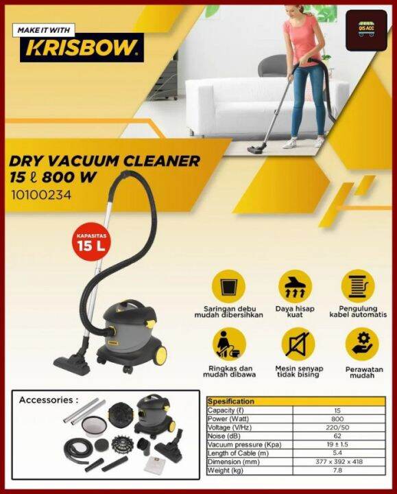 KRISBOW Vacuum Cleaner 15 Ltr Penghisap Debu Kering 800 Watt | Lazada ...