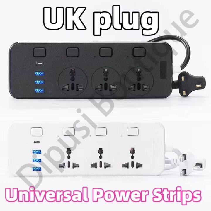 Black White 3 Way Gang Singapore USB Power Strips Extension Power Socket 2 Meter Cable Cord ...