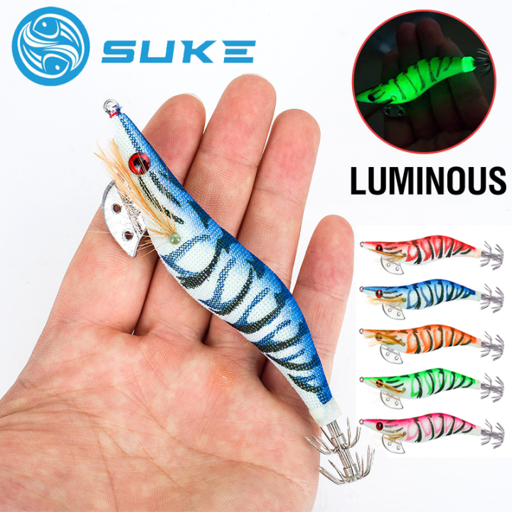 SUKE Luminous Shrimp Bait Squid Jig Wood Shrimp Octopus Bait Hard Lure ...