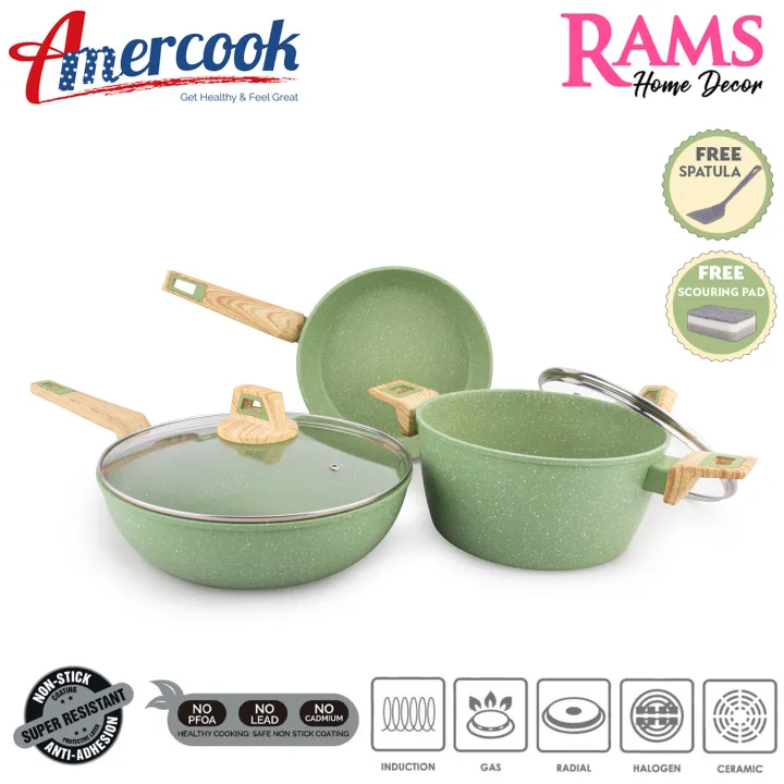 Amercook 5 Pcs Induction Nonstick Oak Stone Cookware Set + Free Spatula ...