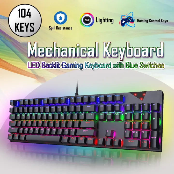 (K) 104 Keys Mechanical Keyboard LED Backlit Gaming Keyboard with Blue ...
