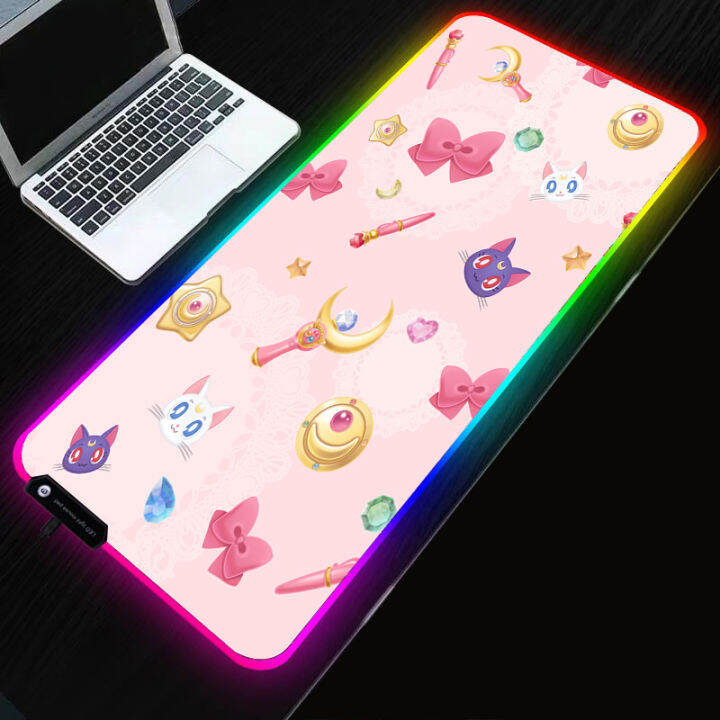 Pink mousepad rgb Mouse mat Anime moon girl gamer led light Desk mat ...