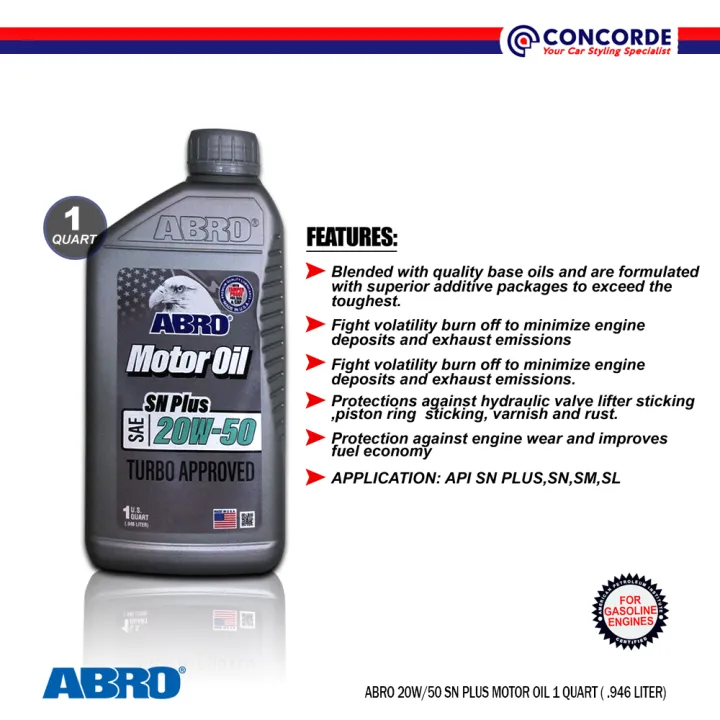 CONCORDE Abro 20W/50 SN Plus Motor Oil for Fortuner Gasoline and Diesel ...