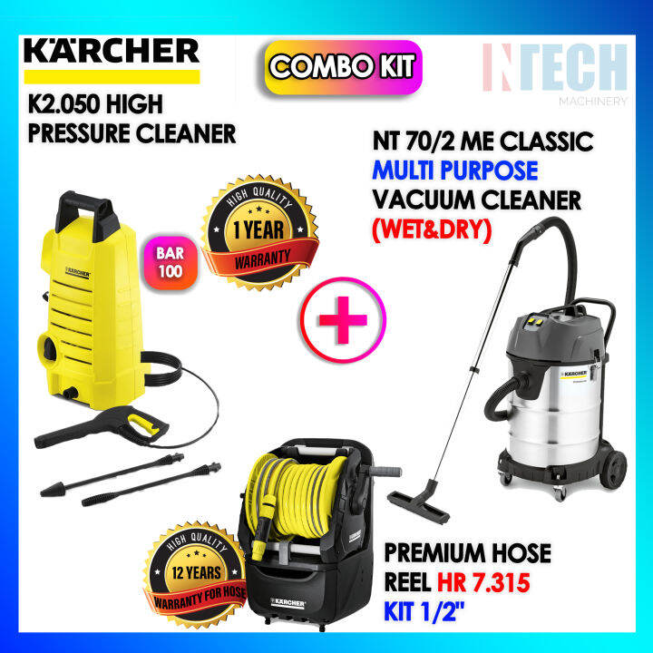 KARCHER COMBO SET ( NT70/2ME VACUUM CLEANER + K2050 HIGH PRESSURE WASHER + PREMIUM HOSE REEL HR7 ...