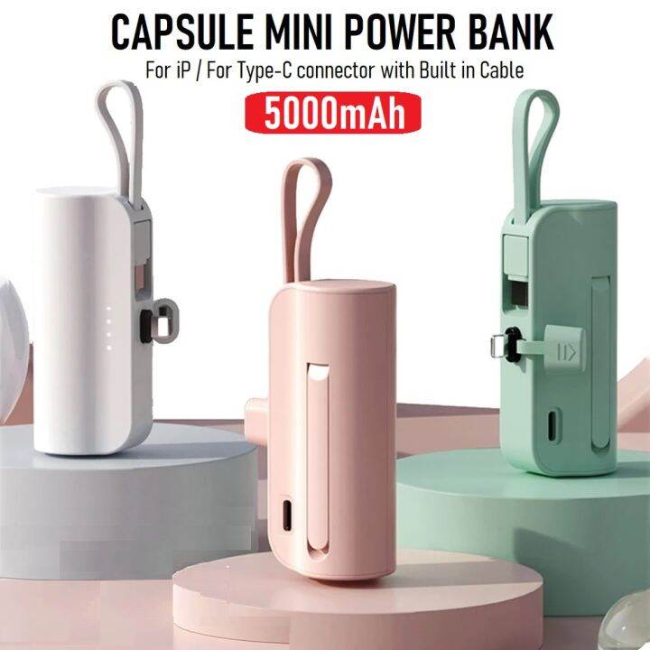 Mini Capsule 5000mAh Power Bank Built in Cable Portable Charger ...