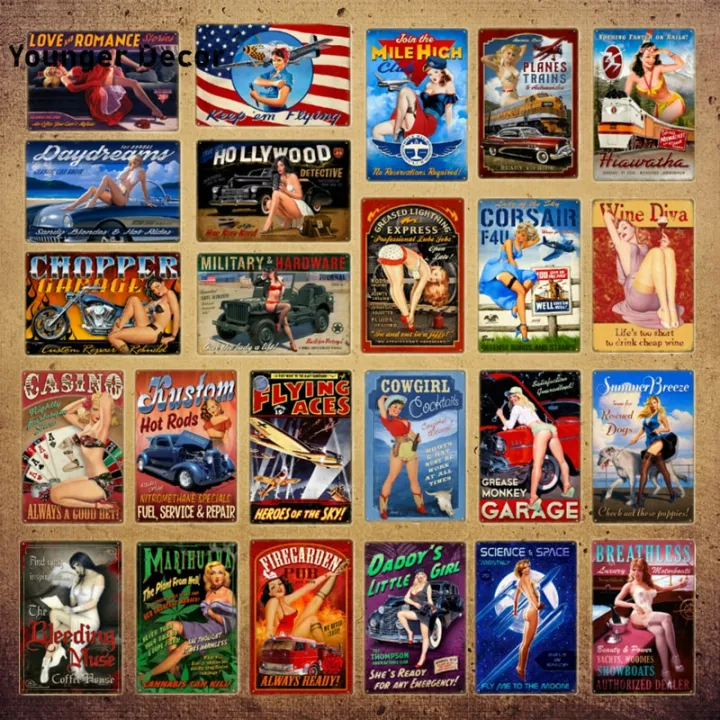 Hot Rods Pin Up Girls Metal Tin Signs Air Plane Motor Garage Plaque ...