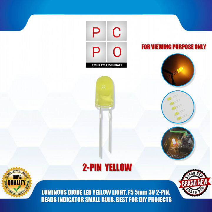 LUMINOUS DIODE LED YELLOW LIGHT, F5 5mm 3V 2-PIN, BEADS INDICATOR SMALL ...