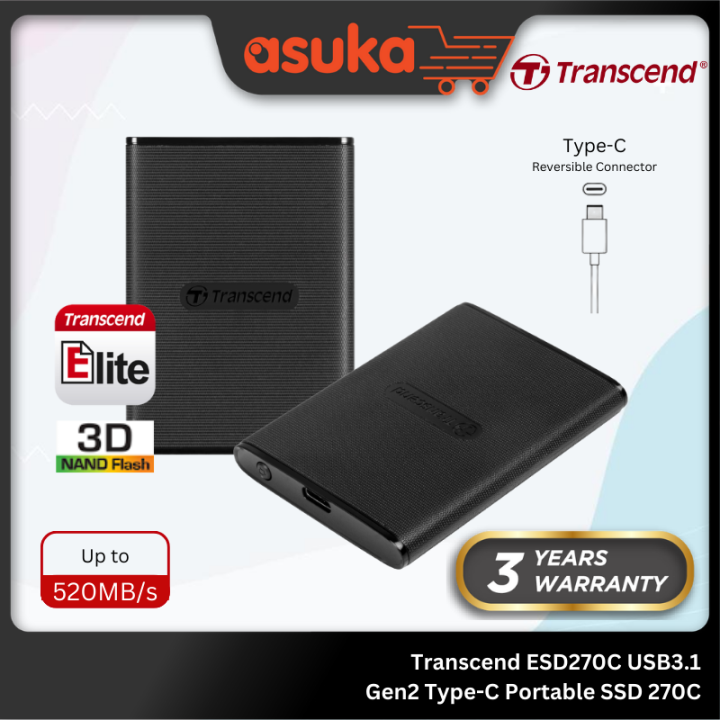 Transcend ESD270C 500GB / 1TB / 2TB USB3.1 Gen2 Type-C Portable SSD ...