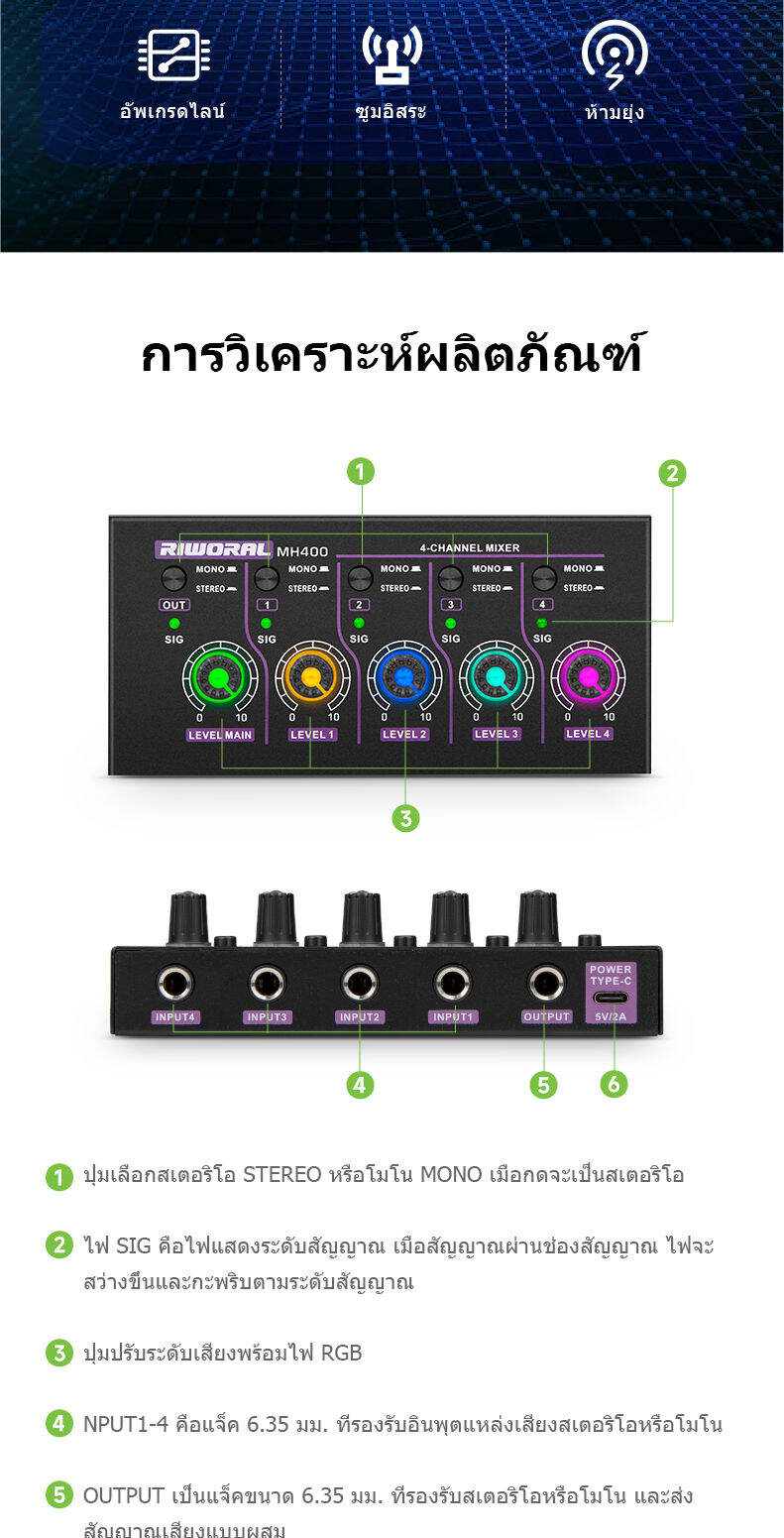 มิกเชอร์จิ๋ว RIWORAL MH400 4 ช่อง mixer audio interface 5V มิกเซอร์ ...