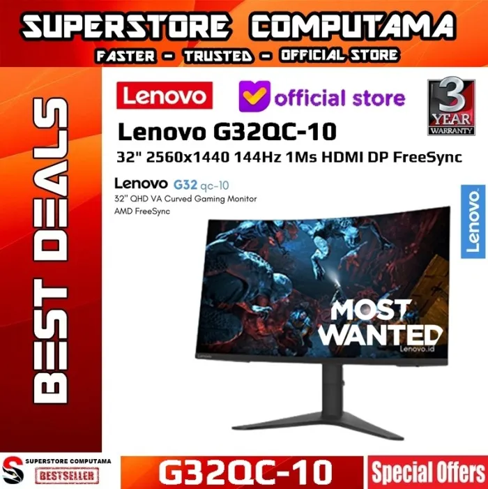 Monitor LED Lenovo G32QC G32QC10 QHD Curved 144Hz HDMI DP FreeSync ...