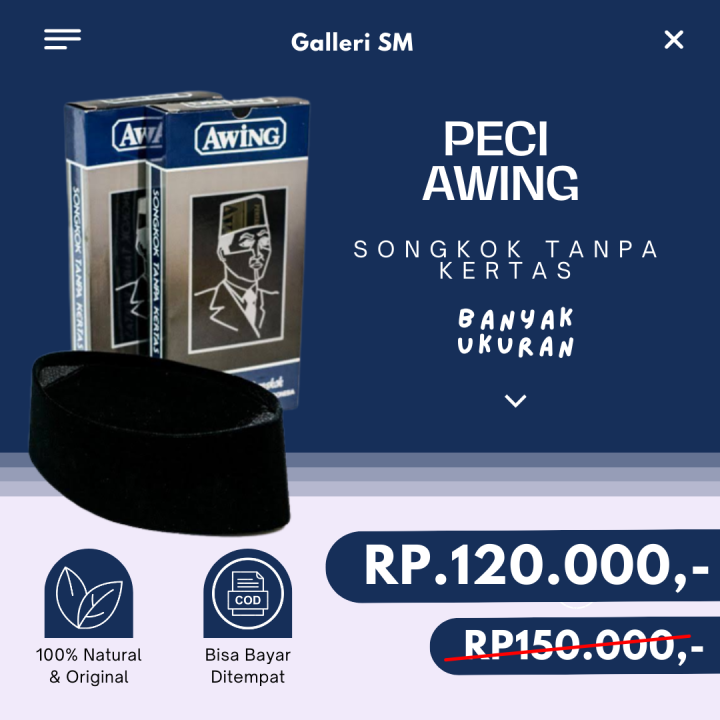 Peci Awing Hitam AC Original Songkok Tanpa Kertas Songkok Awing ...