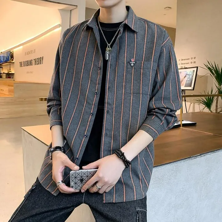 Mens Striped Shirts Korean Style Long Sleeve Shirt Autumn Cotton Tops